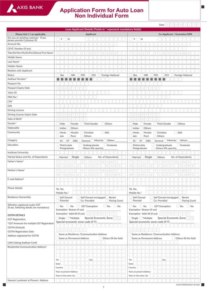 Axis Bank Family Banking Form Download in PDF