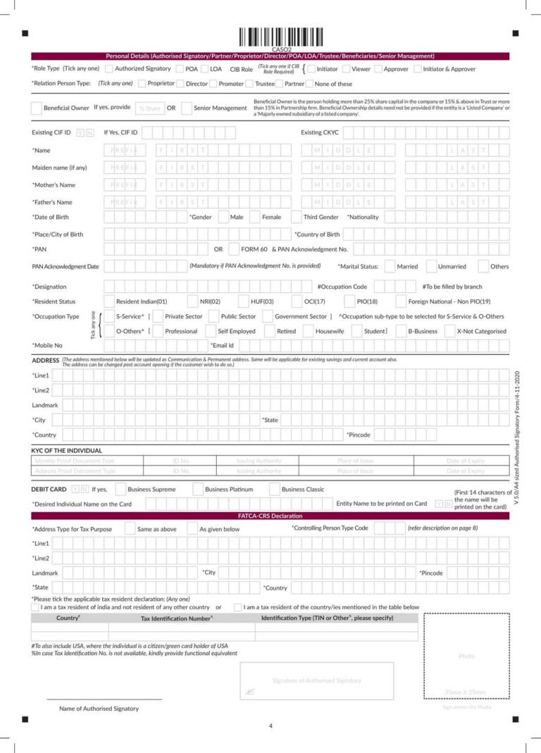 Axis Bank Current and Savings Account Beneficial Owner Updation Form ...