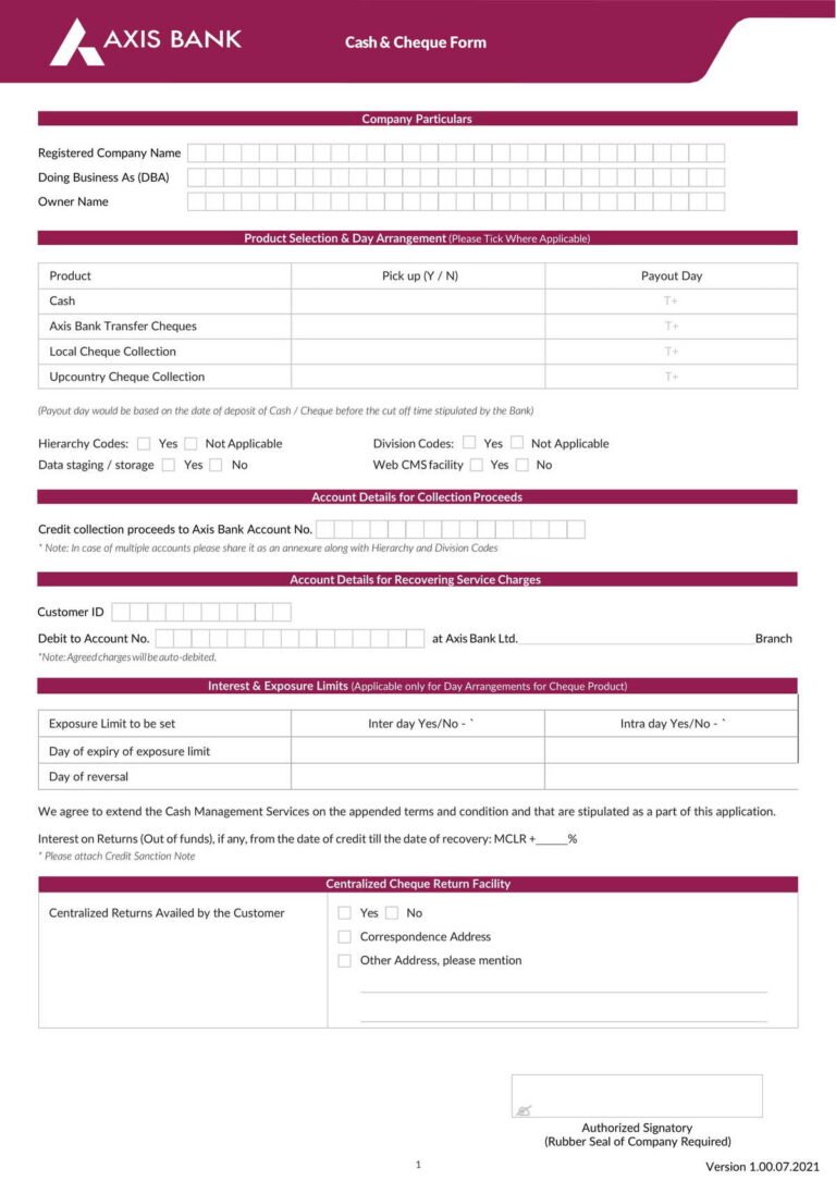 Axis Bank Family Banking Form Download in PDF