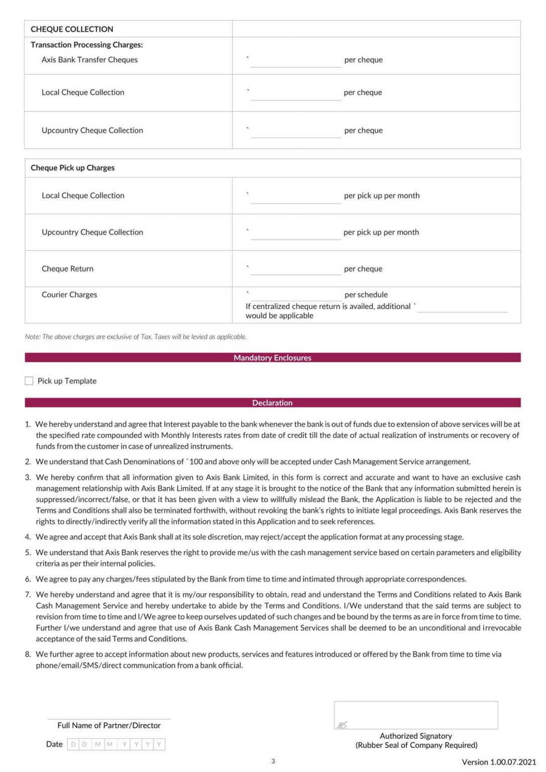Axis Bank Cash and Cheque Application Form Download in PDF