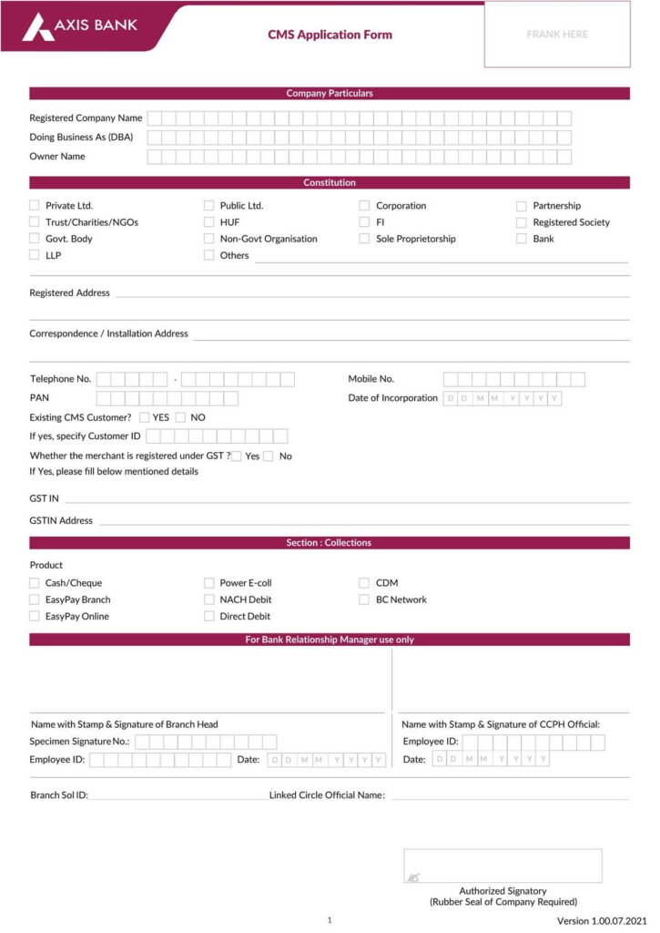 Axis Bank Cash Management System Application Form Download in PDF