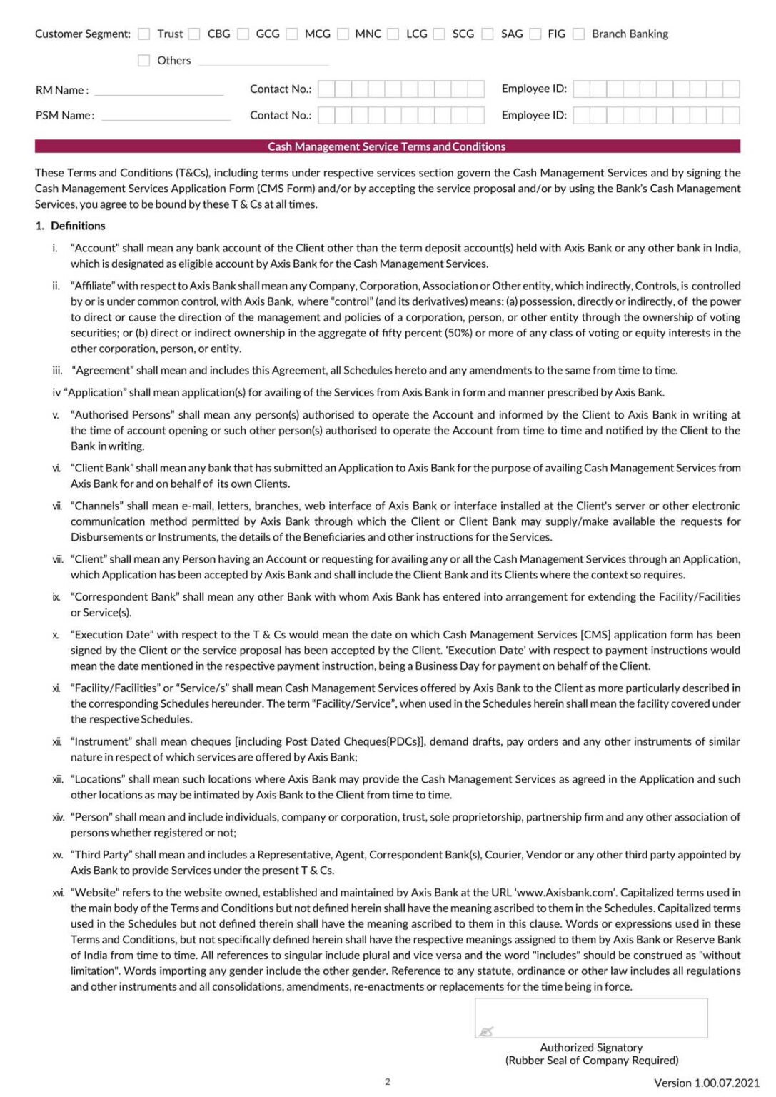 Axis Bank Cash Management System Application Form Download in PDF