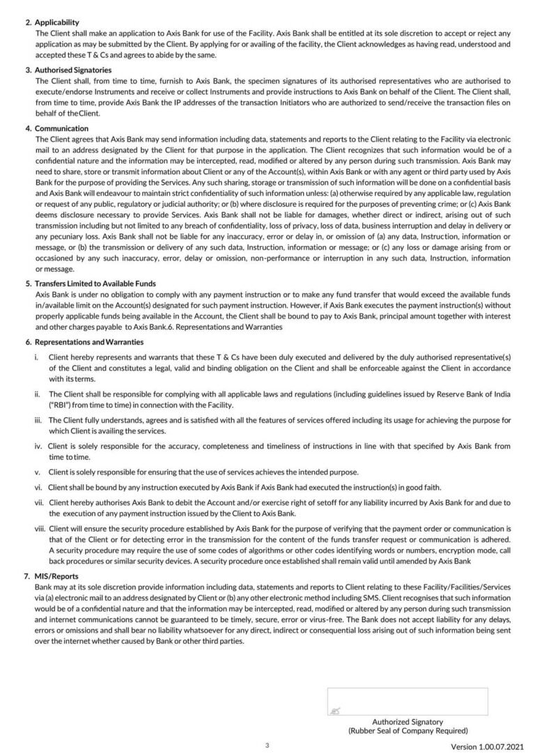 Axis Bank Cash Management System Application Form Download in PDF