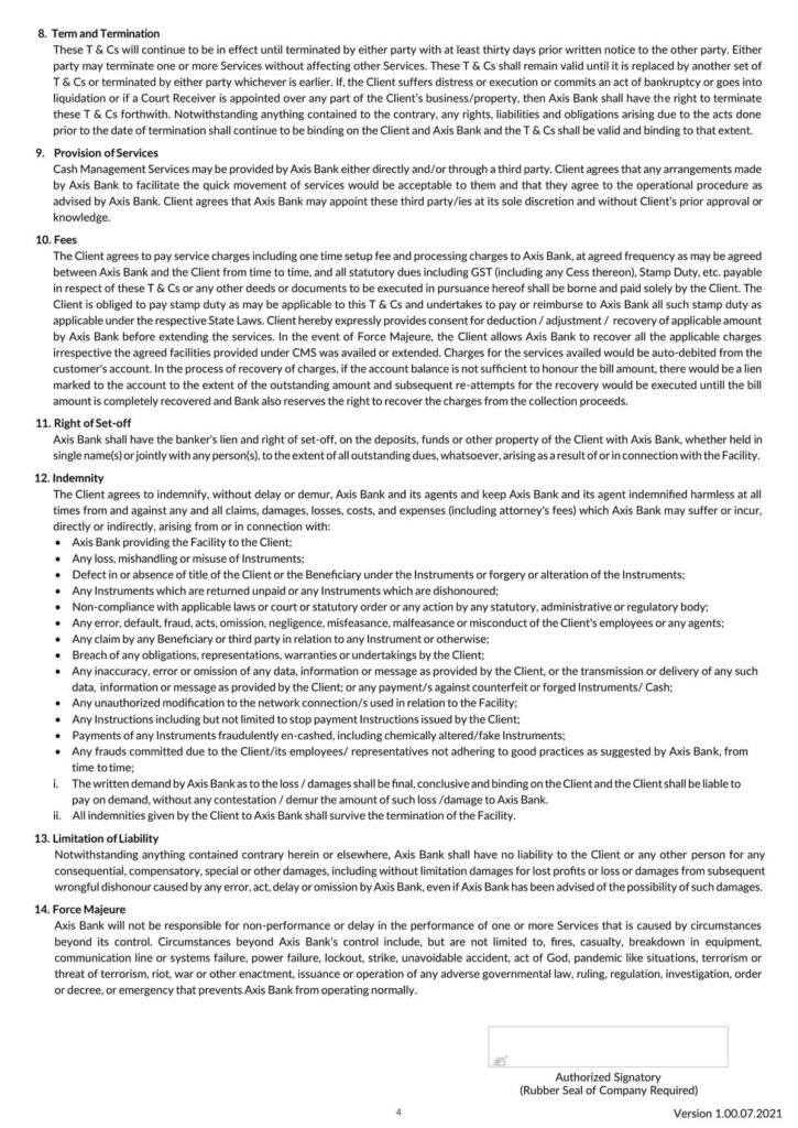 Axis Bank Cash Management System Application Form Download in PDF