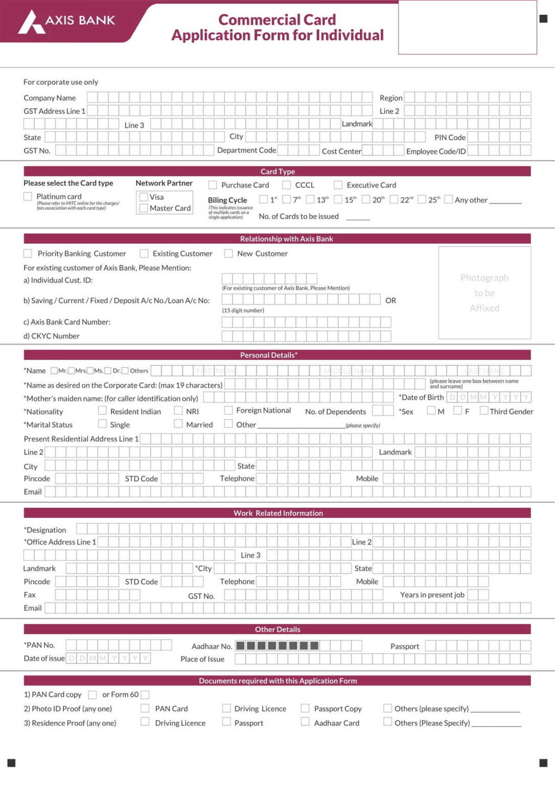 Axis Bank Service Request Form Download in PDF