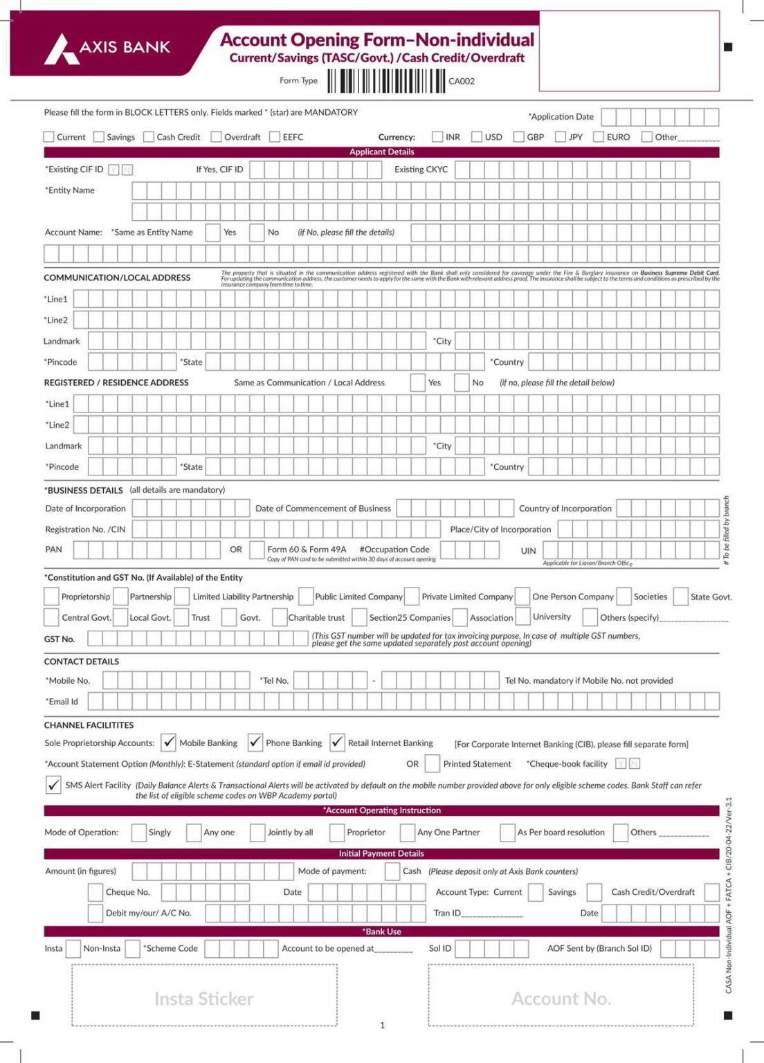 Axis Bank Service Request Form Download in PDF