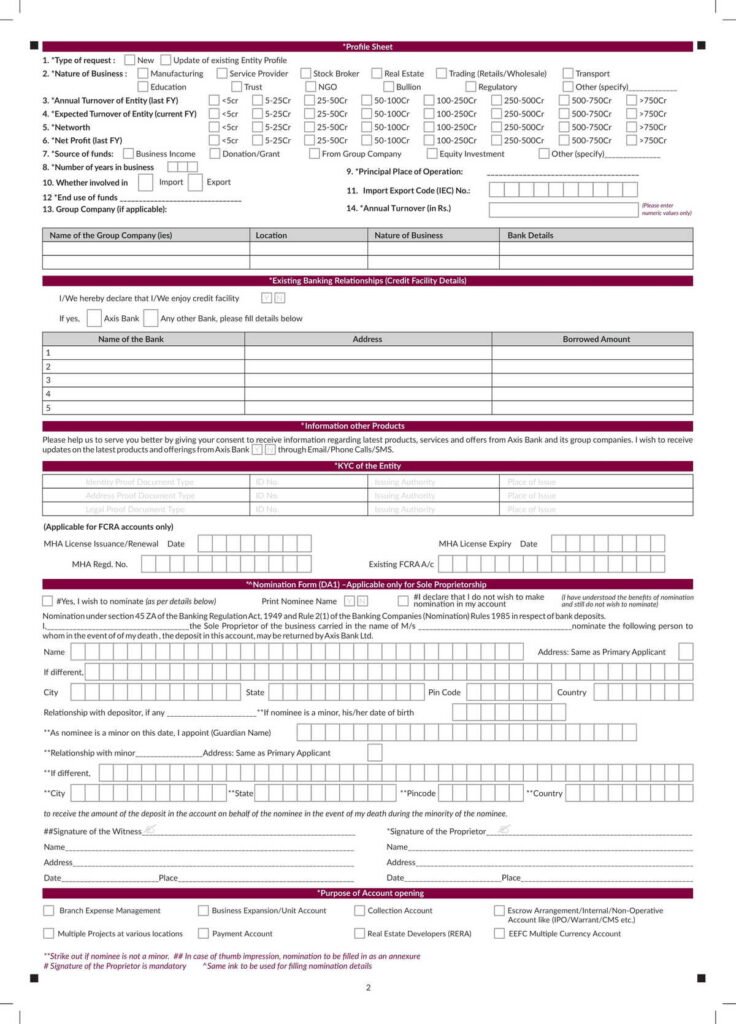 Axis Bank Current and Savings Account Opening Form Download in PDF