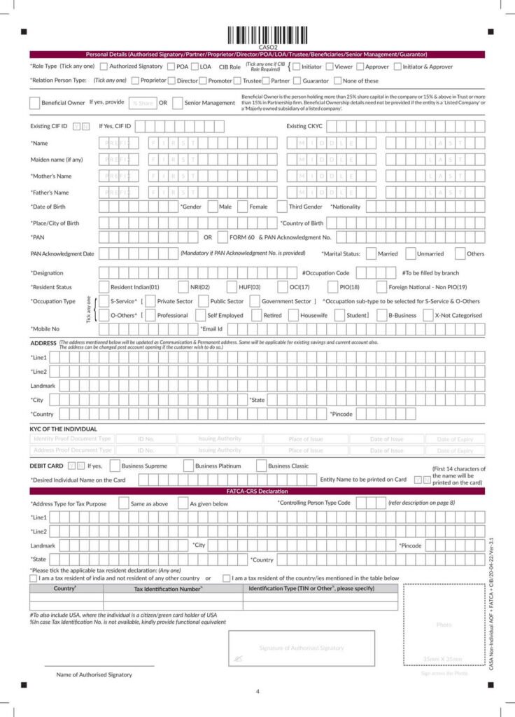 Axis Bank Current and Savings Account Opening Form Download in PDF