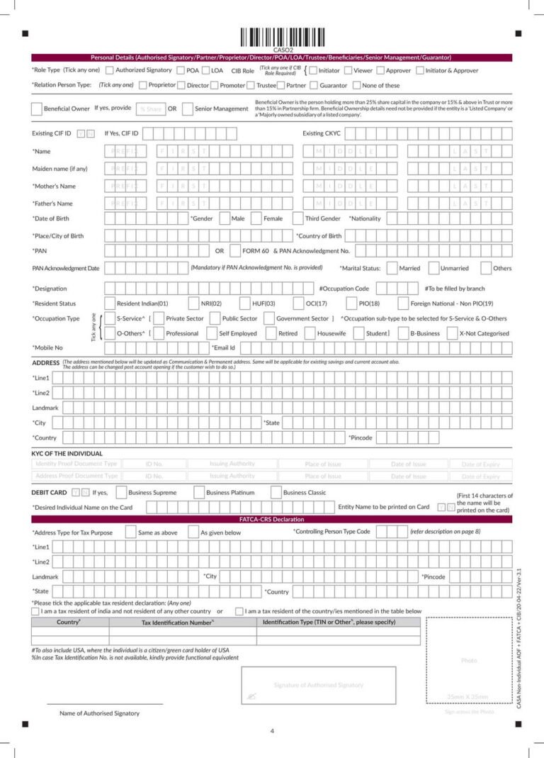 Axis Bank Current and Savings Account Opening Form Download in PDF