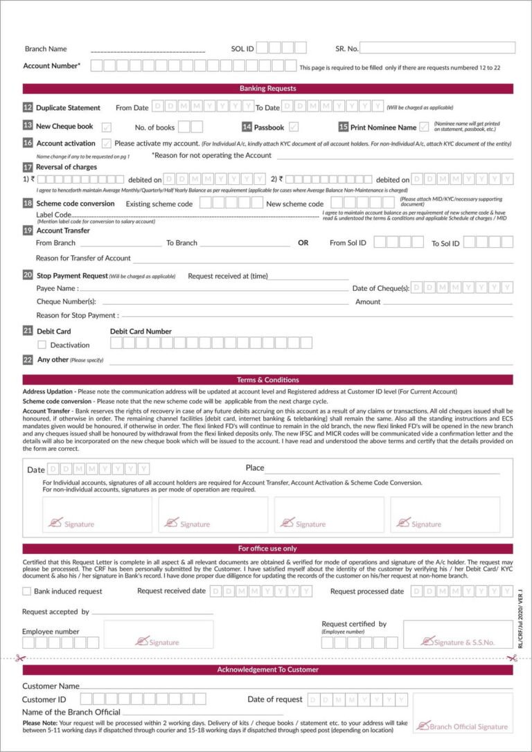 Axis Bank Customer Request Form Download in PDF