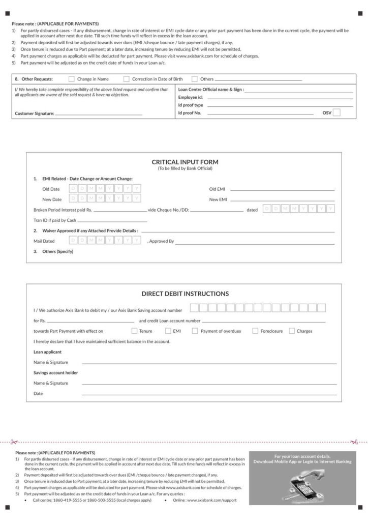 Axis Bank Loan Customer Request Form Download in PDF