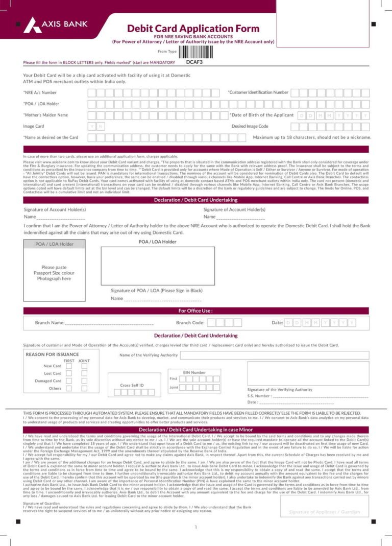 Axis Bank Sole Proprietor Account Opening Signature Card Form Download ...