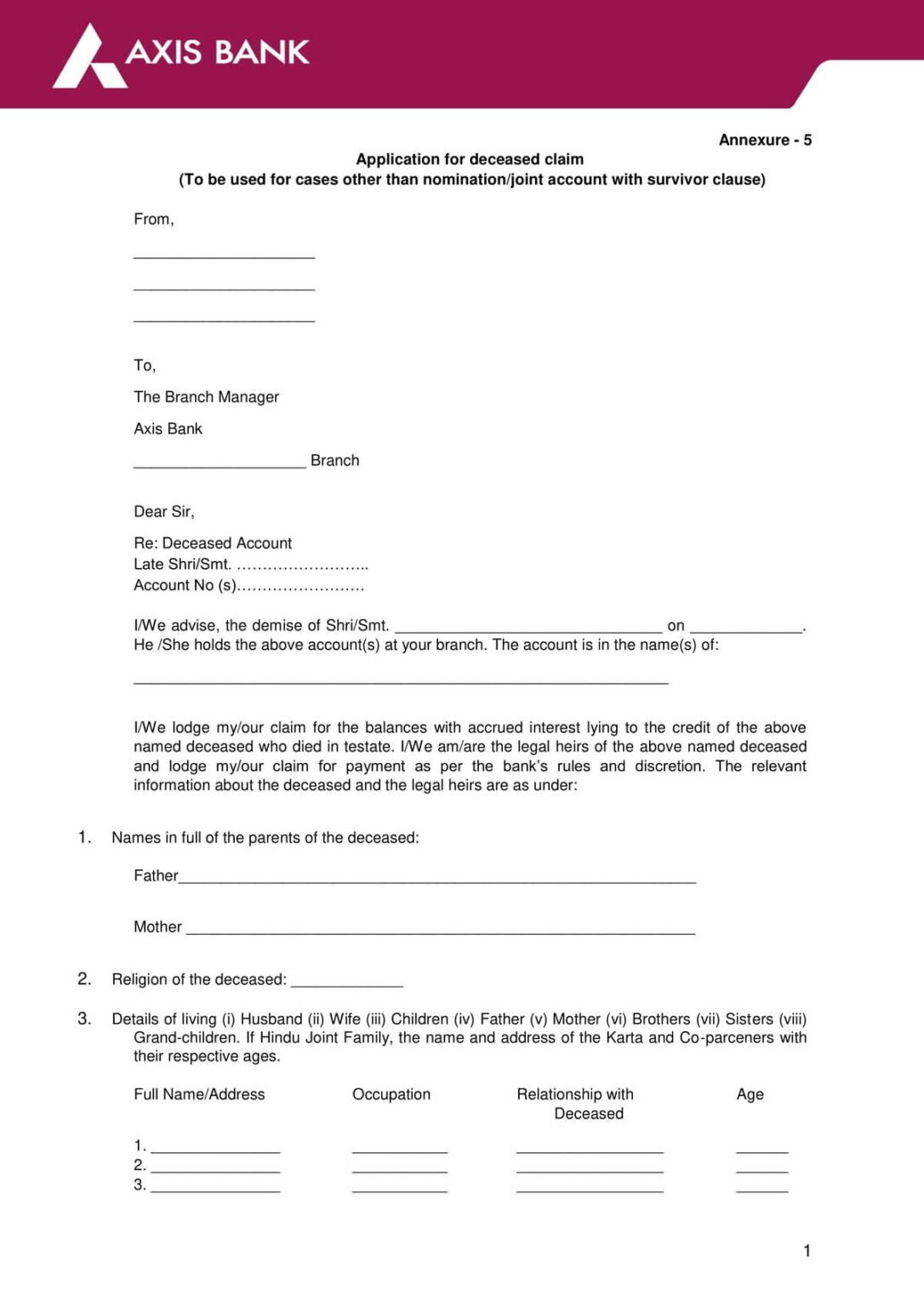 Axis Bank Customer Request Form Download in PDF