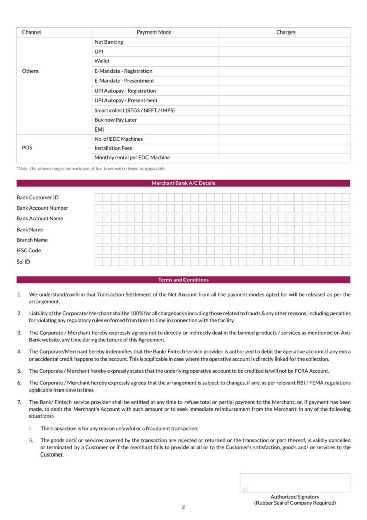Axis Bank Easypay Plus Annexure Form Download in PDF