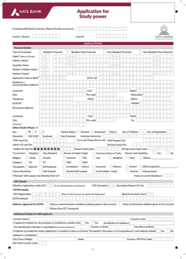 Axis Bank Savings and Current Account Opening Form Download in PDF