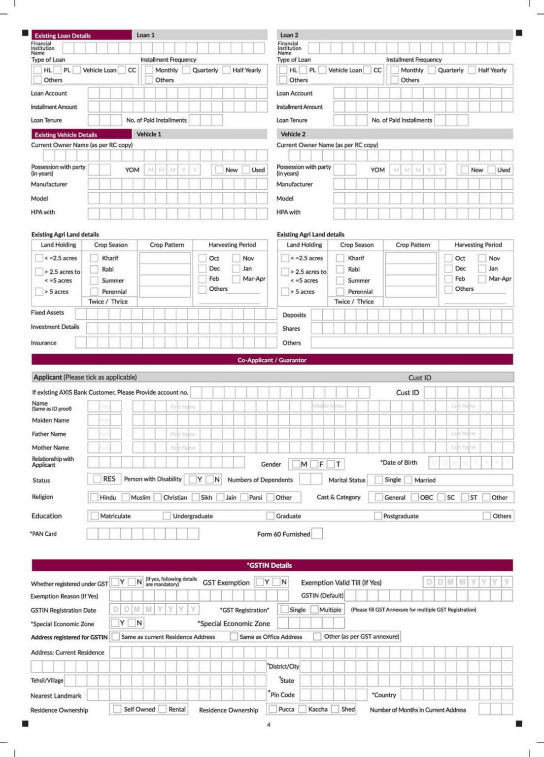 Axis Bank Farmer Equipments Application Form Download in PDF
