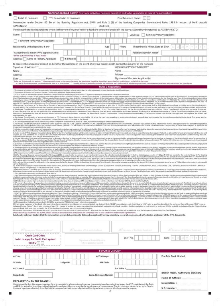 Axis Bank Fixed Deposit Account Opening Form Download in PDF