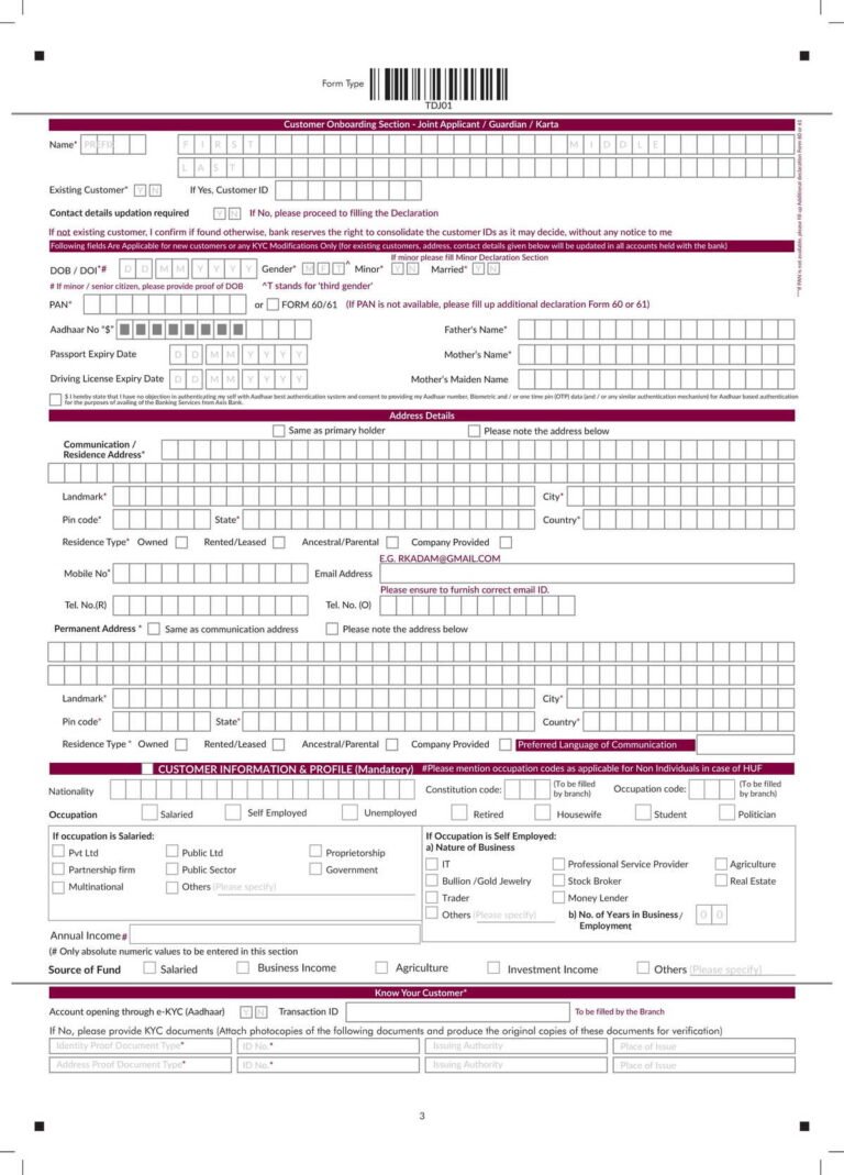 Axis Bank Fixed Deposit Account Opening Form Download in PDF