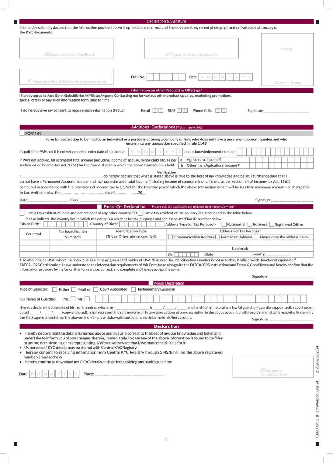 Axis Bank Fixed Deposit Account Opening Form Download in PDF