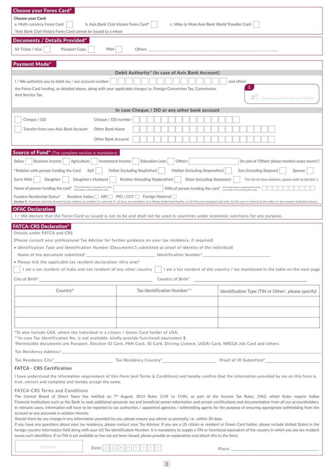 Axis Bank Forex Card Application Form Download in PDF