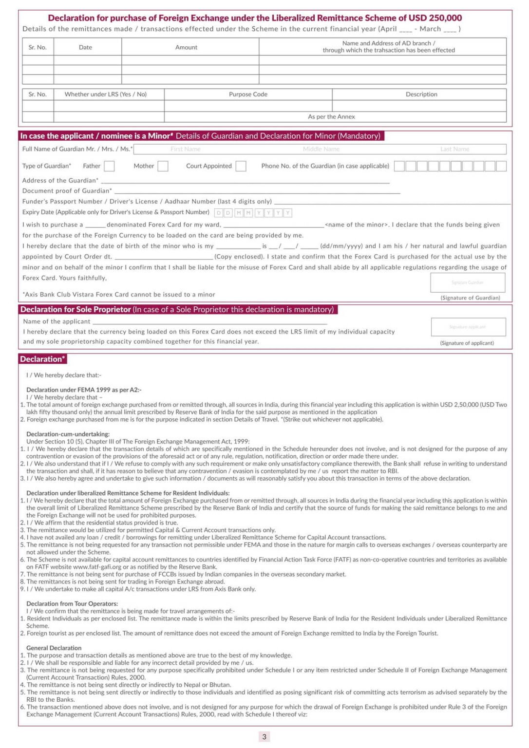 Axis Bank Forex Card Application Form Download in PDF