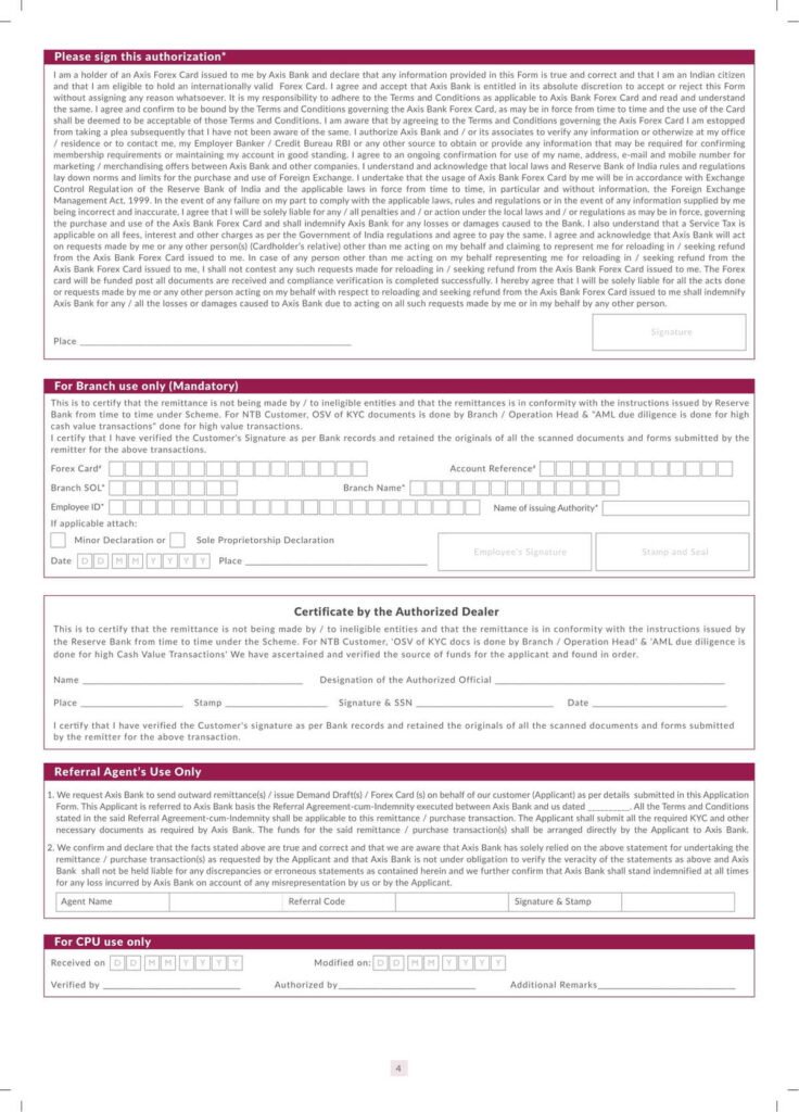 Axis Bank Forex Card Transaction Form Download in PDF
