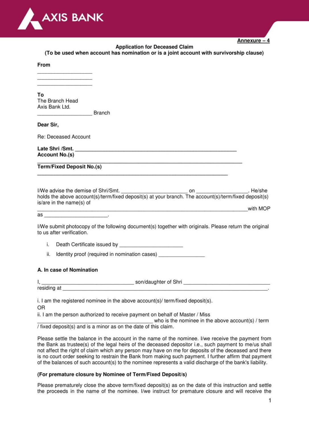 Axis Bank Sole Proprietor Account Opening Signature Card Form Download ...