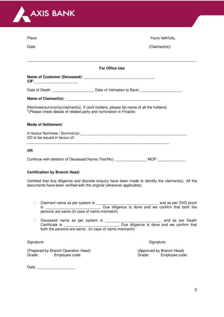Axis Bank Deceased Claim Settlement With Nominee Form Download in PDF