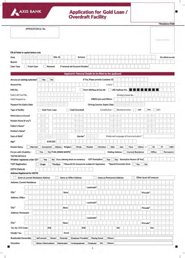 Axis Bank Fixed Deposit Account Opening Form Download in PDF