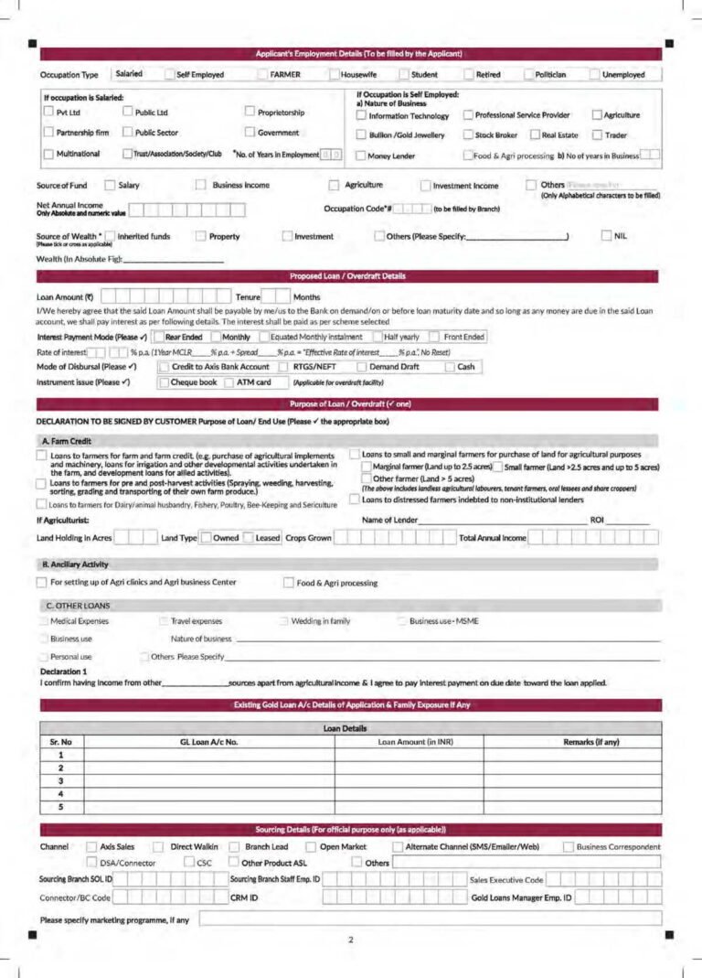 Axis Bank Gold Loan Application Form Download in PDF
