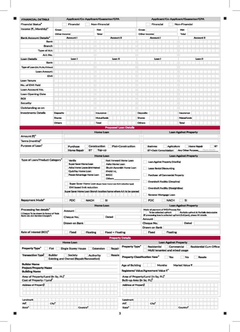 Axis Bank Home Loan Application Form Download in PDF