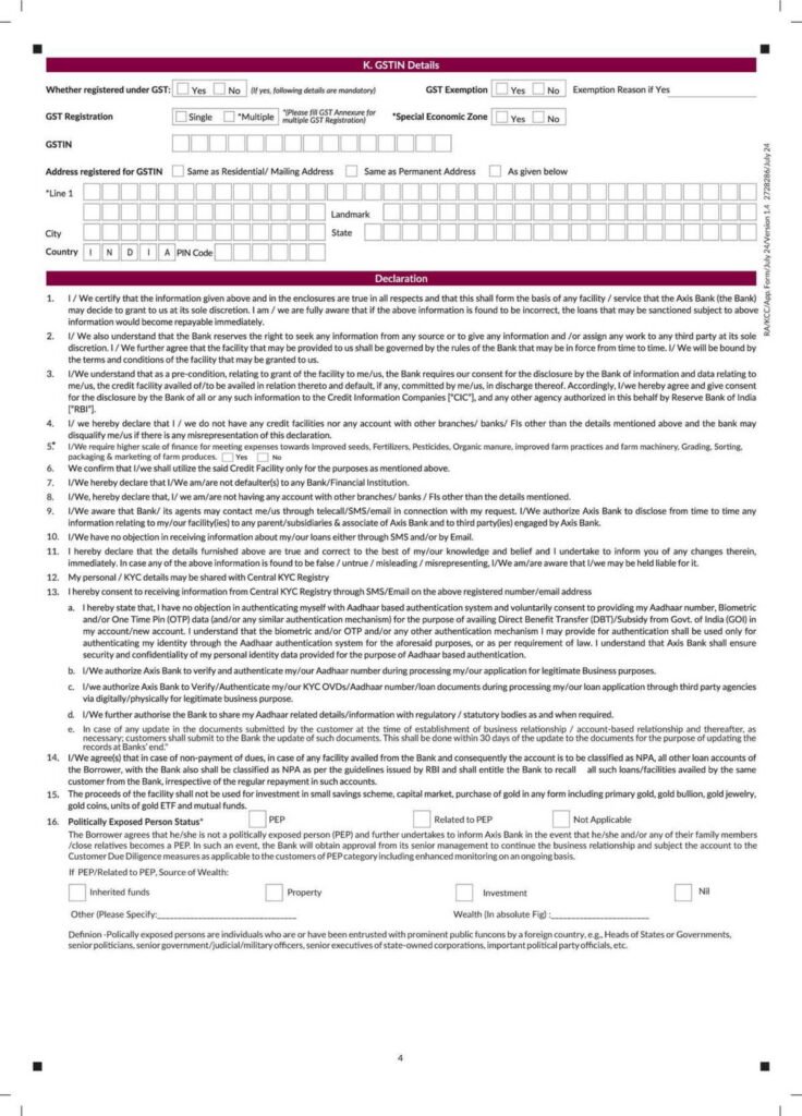Axis Bank KCC Farmer Finance Application Form Download in PDF