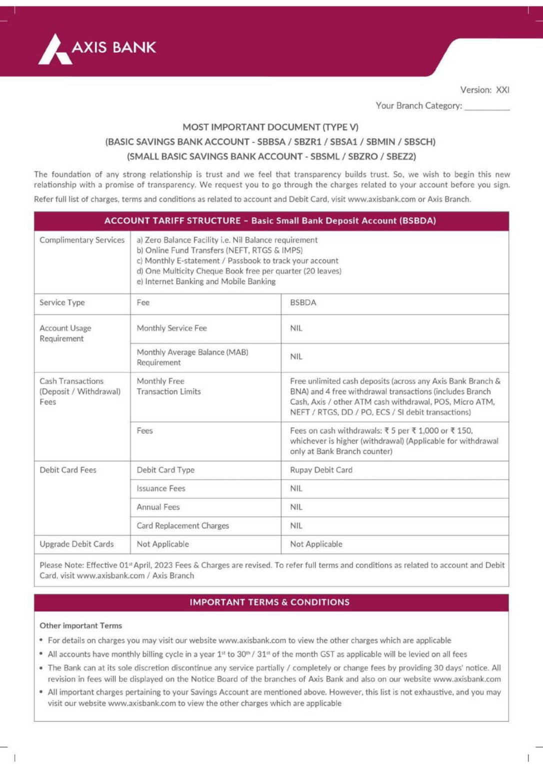 Axis Bank Family Banking Form Download in PDF
