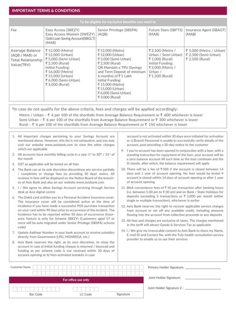 Axis Bank Easy Access Savings Account Opening Form Download in PDF