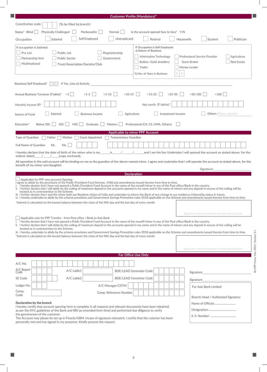 Axis Bank PPF Account Opening Form Download in PDF