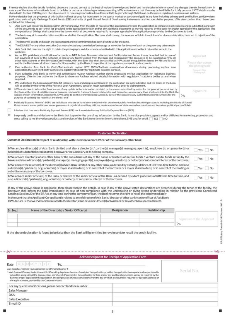 Axis Bank Personal Loan Application Form Download in PDF