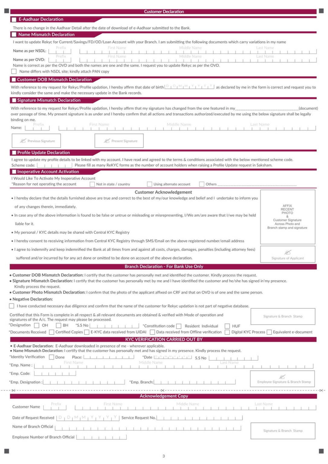 Axis Bank Re-KYC and Profile Update Form Download in PDF