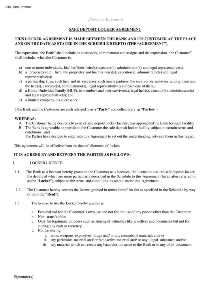 Axis Bank Safe Deposit Locker Agreement Form Download in PDF