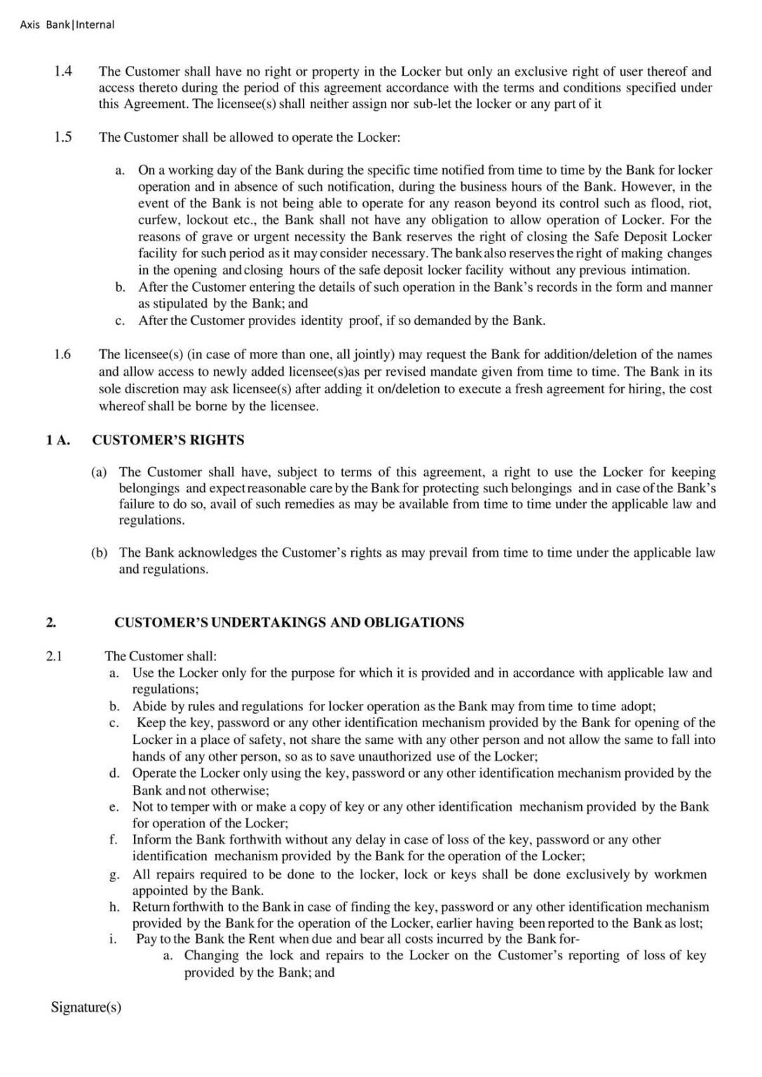 Axis Bank Safe Deposit Locker Agreement Form Download in PDF