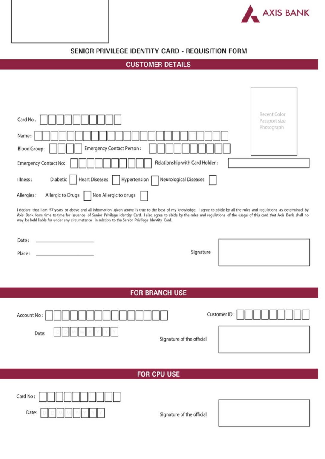 Axis Bank Sole Proprietor Account Opening Signature Card Form Download ...