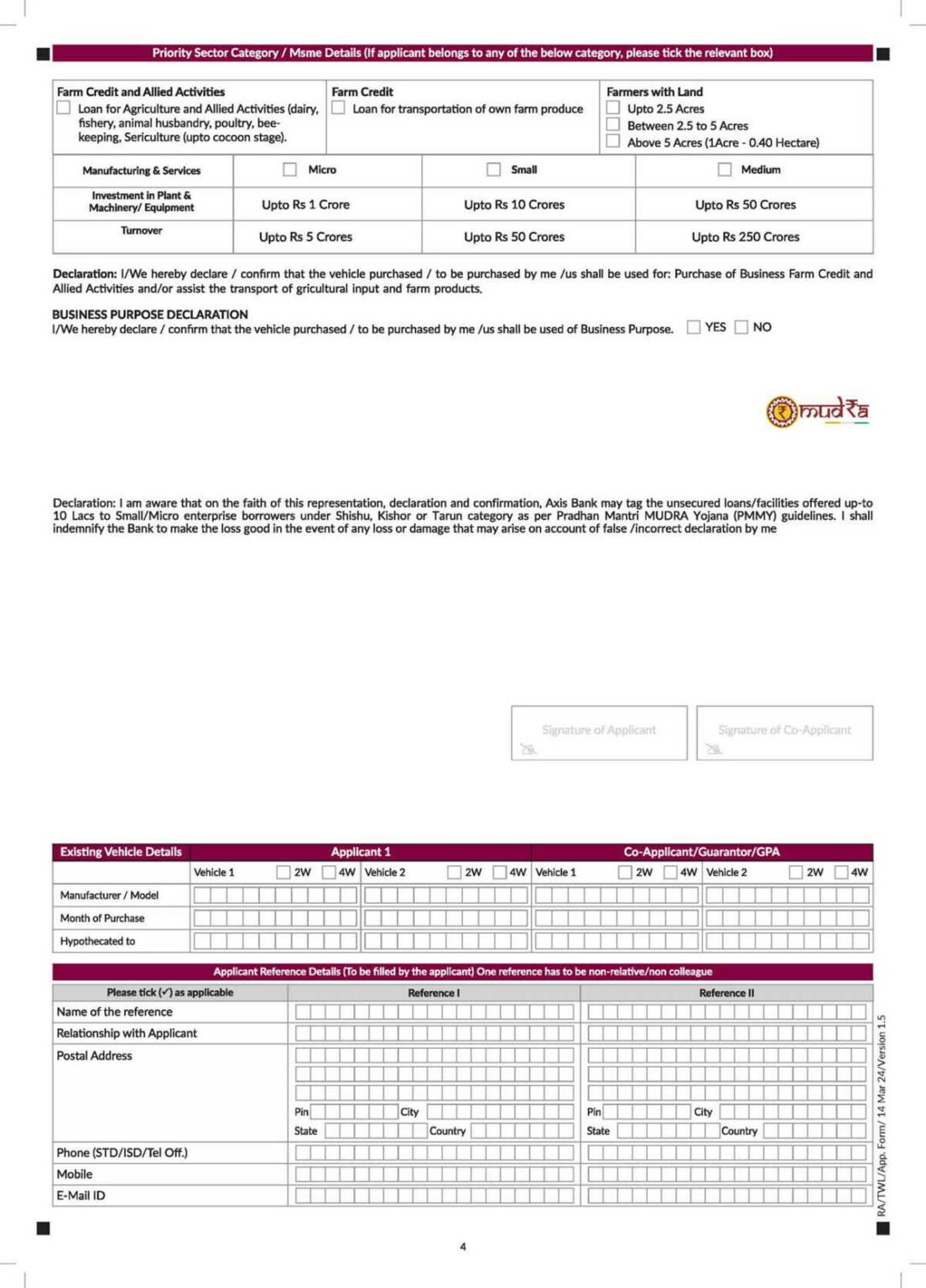 Axis Bank Two Wheeler Loan Application Form Download in PDF