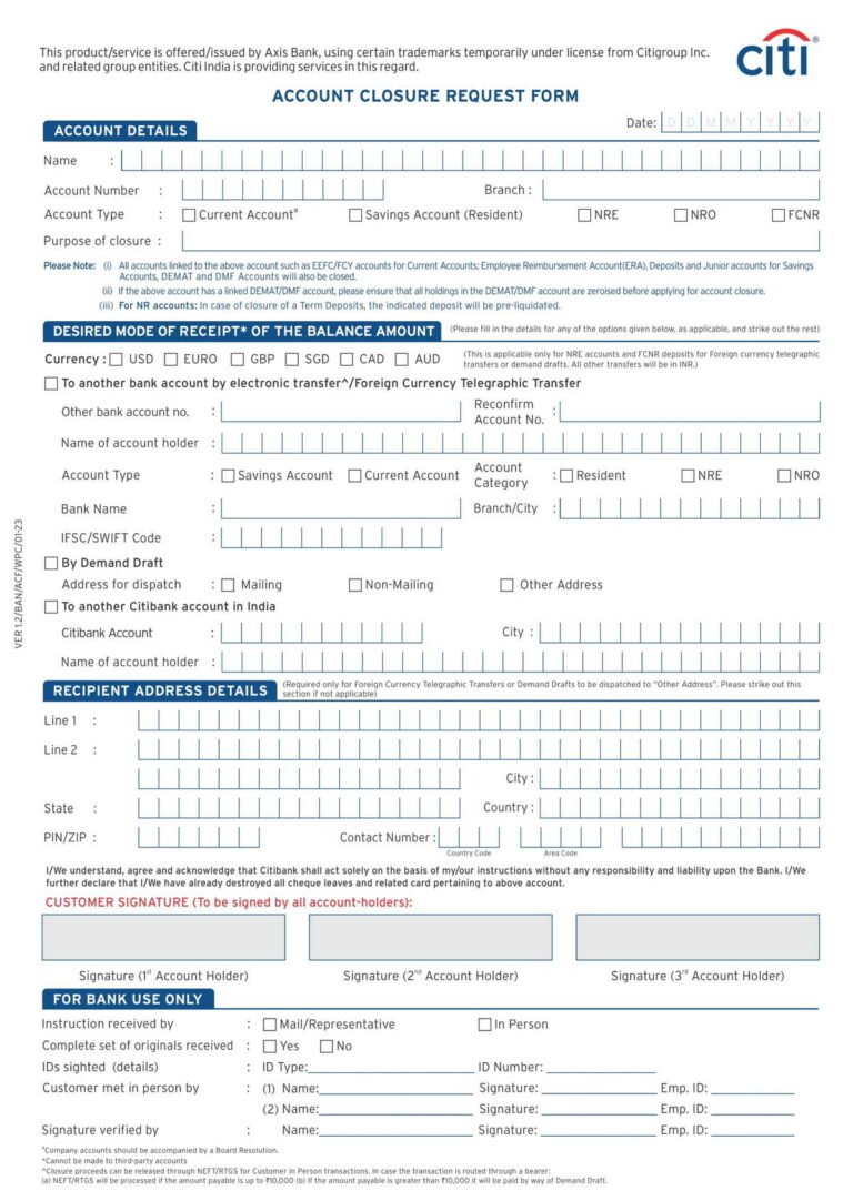 Citi Bank Account Closure Form Download in PDF