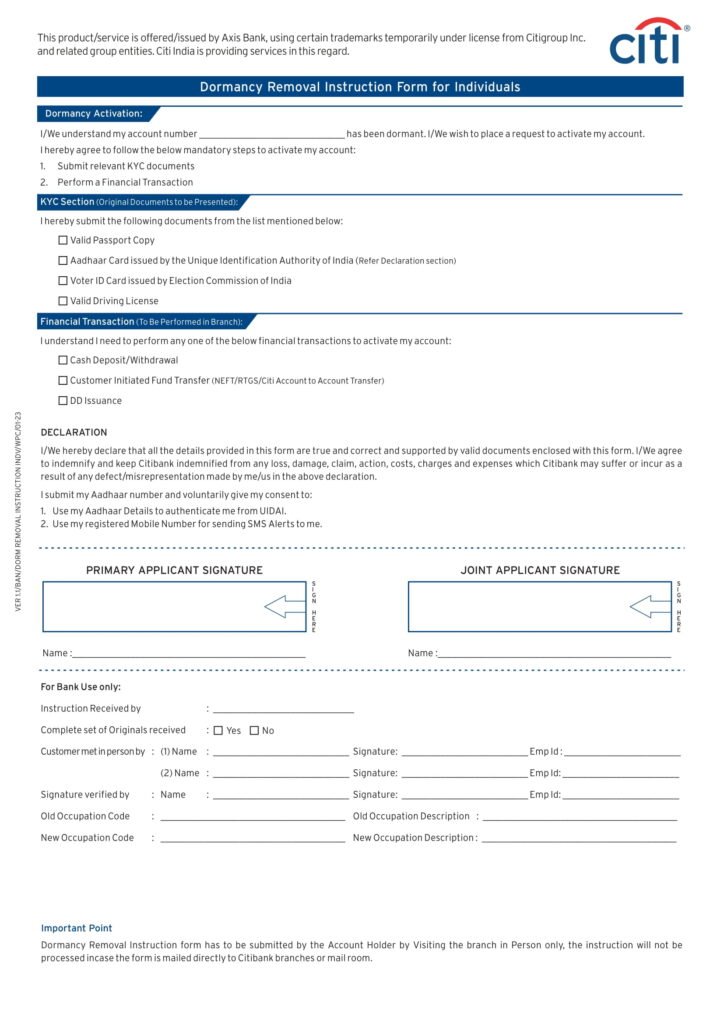 Citi Bank Dormancy Removal Instruction Form for Individuals Download in PDF