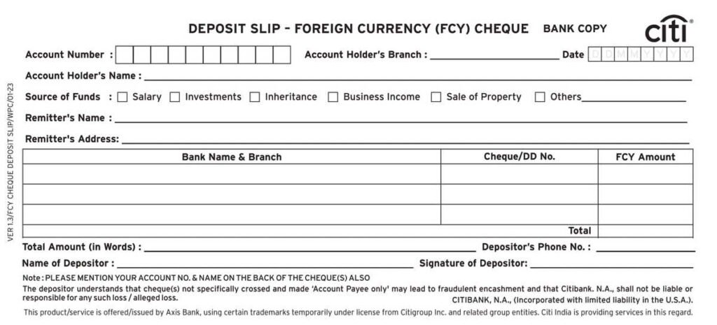 Citi Bank FCY Cheque Deposit Slip Form Download in PDF