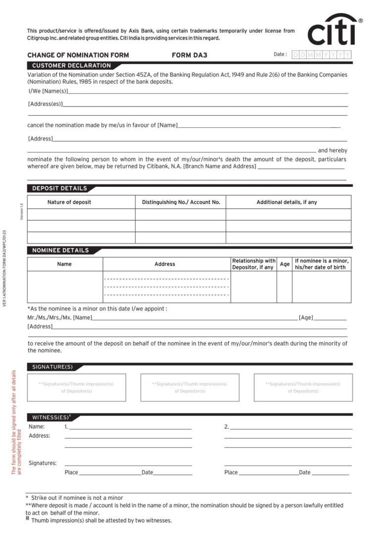 Citi Bank Form DA3 Cancellation and Fresh Nomination Download in PDF