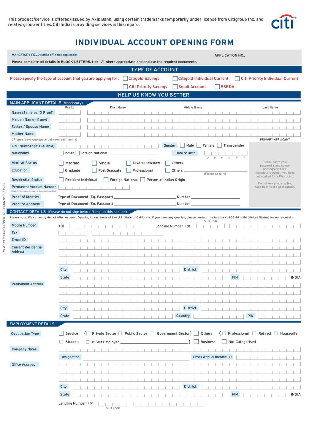 Citi Bank Individual Account Opening Form Download in PDF