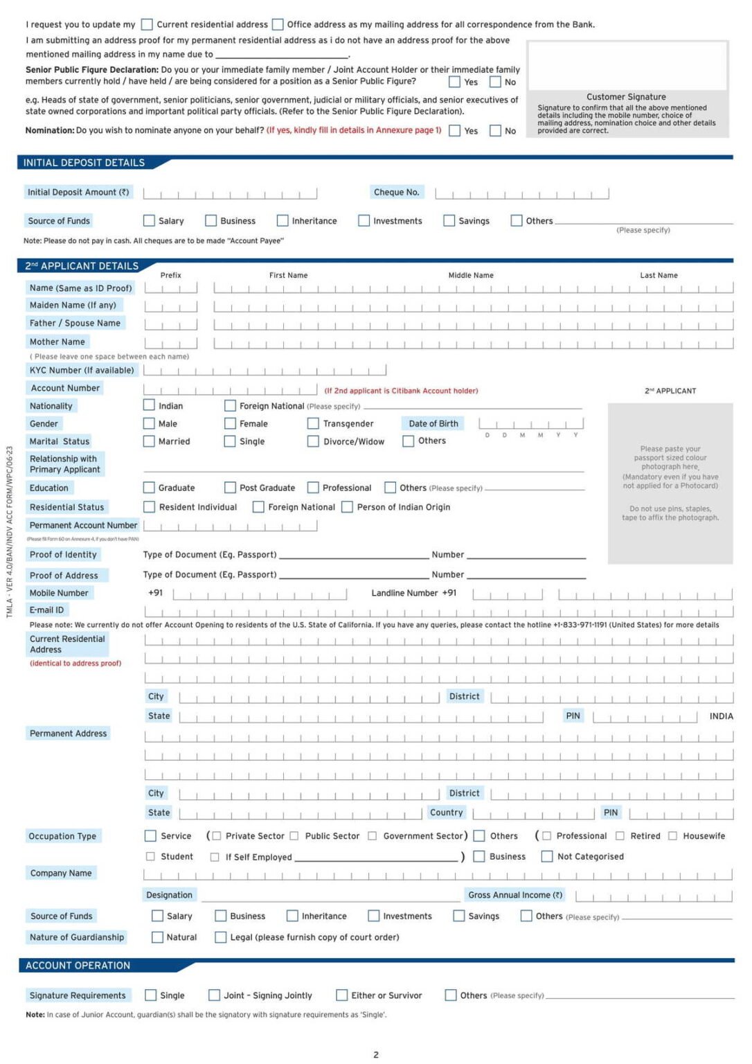 Citi Bank Individual Account Opening Form Download in PDF