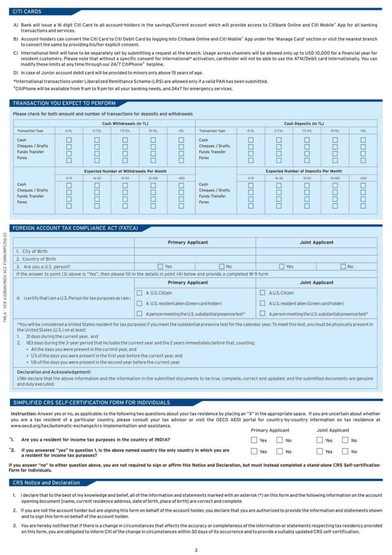 Citi Bank Individual Account Opening Form Download in PDF