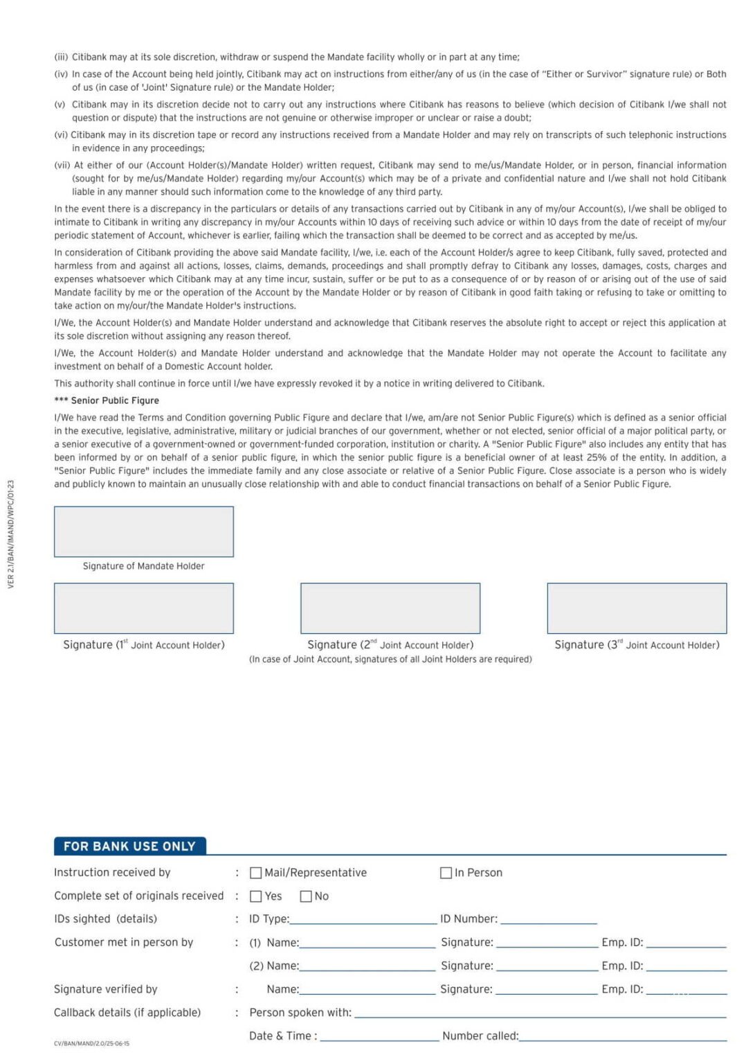 Citi Bank Mandate Registration Form Download in PDF