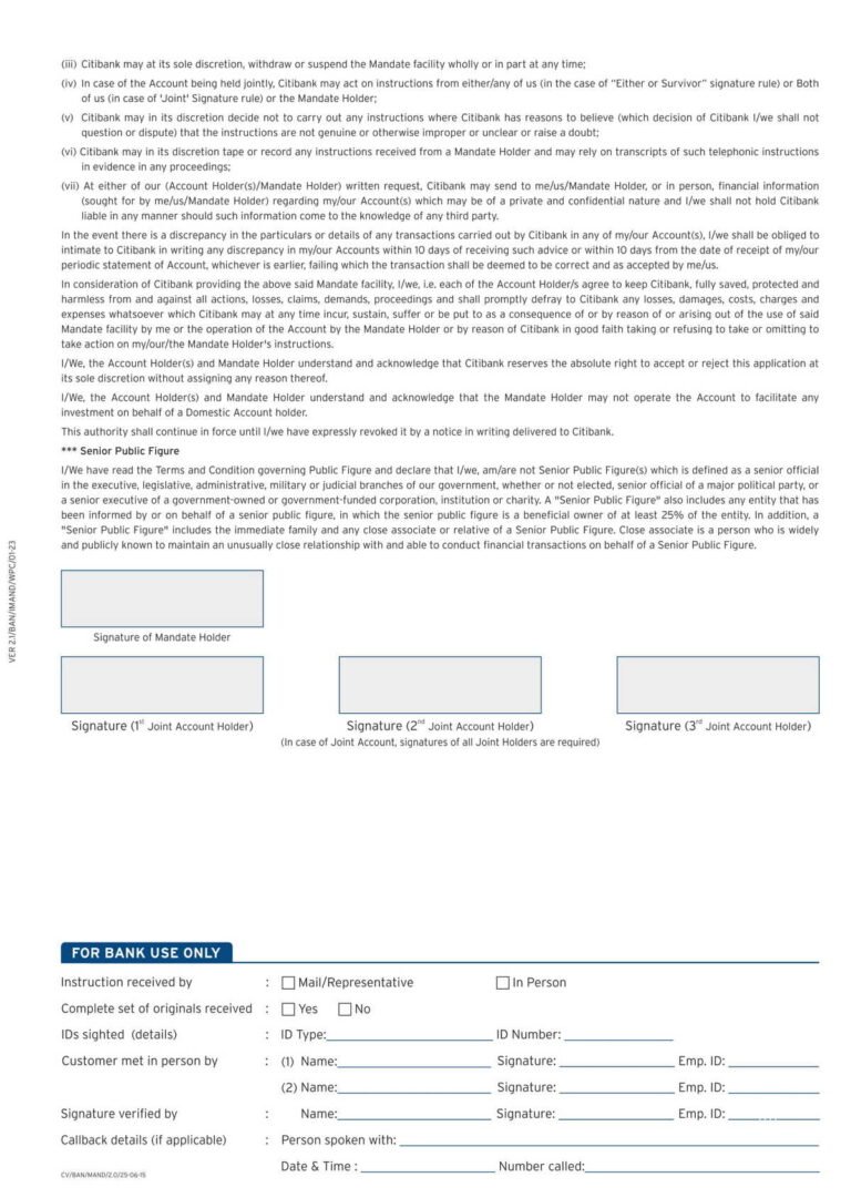 Citi Bank Mandate Registration Form Download in PDF